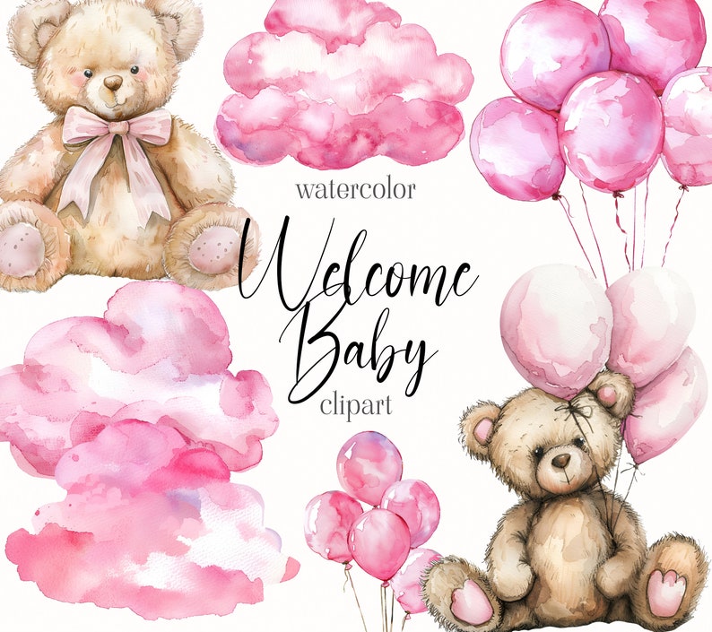 Watercolor Teddy Bear Baby Shower Clipart, Nursery Illustrations ...