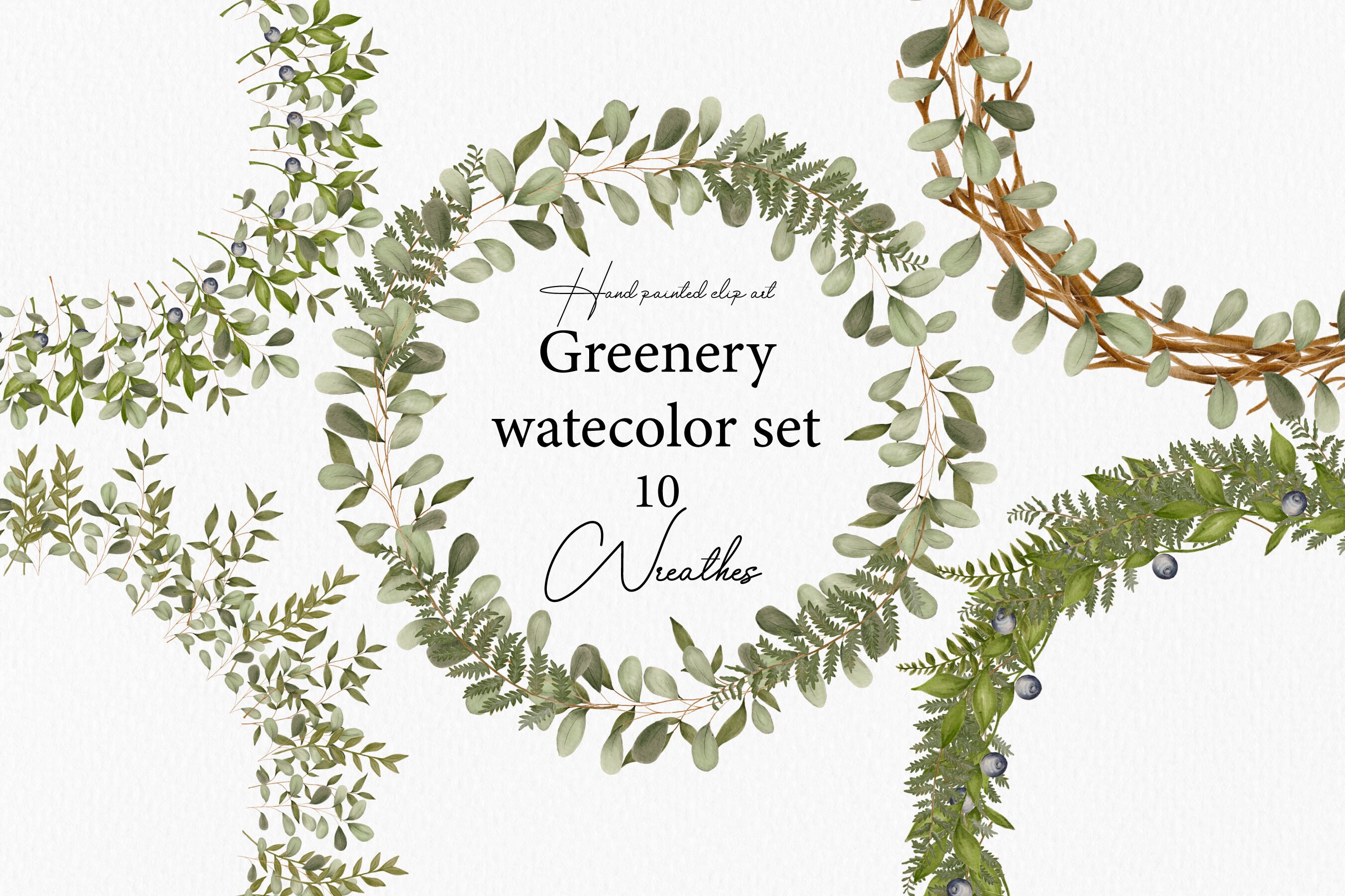 Watercolor Greenery Floral Wreaths Set Digital Clipart Individual PNG ...