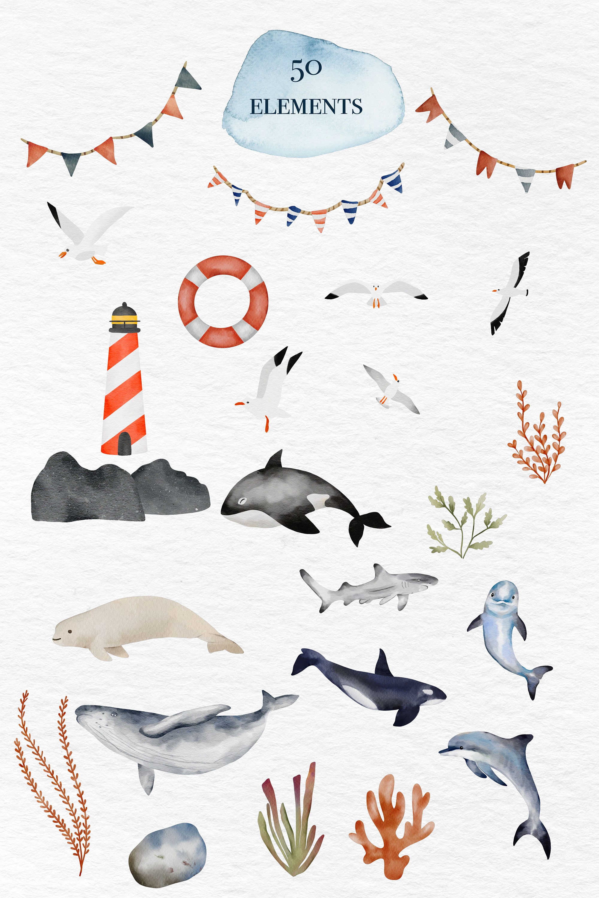 Undersea Watercolor Clipart Baby Wall Art jellyfish whale Cute Ocean ...
