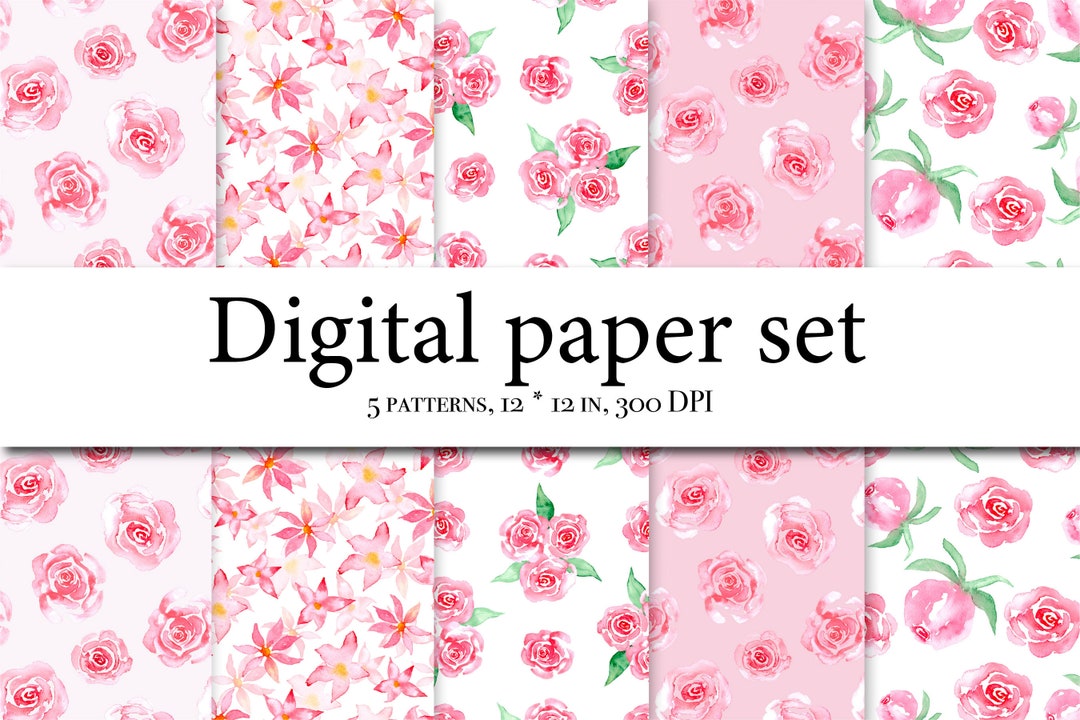Watercolor Digital Paper Pack, Pink Roses Scrapbook, Roses Seamless ...