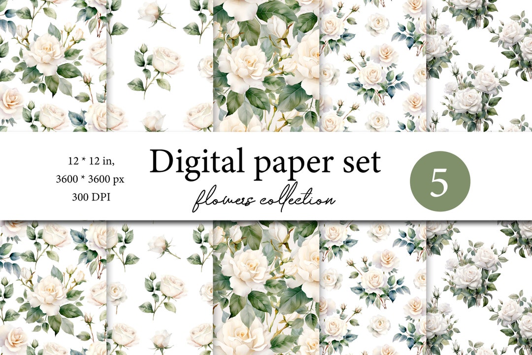 Watercolor Digital Paper Pack, White Roses Scrapbook, Roses Seamless ...