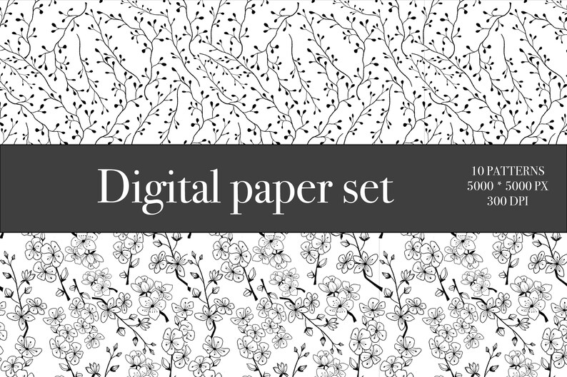 Pattern Clipart -floral Boho Digital Paper – Flower Line Art Pattern ...