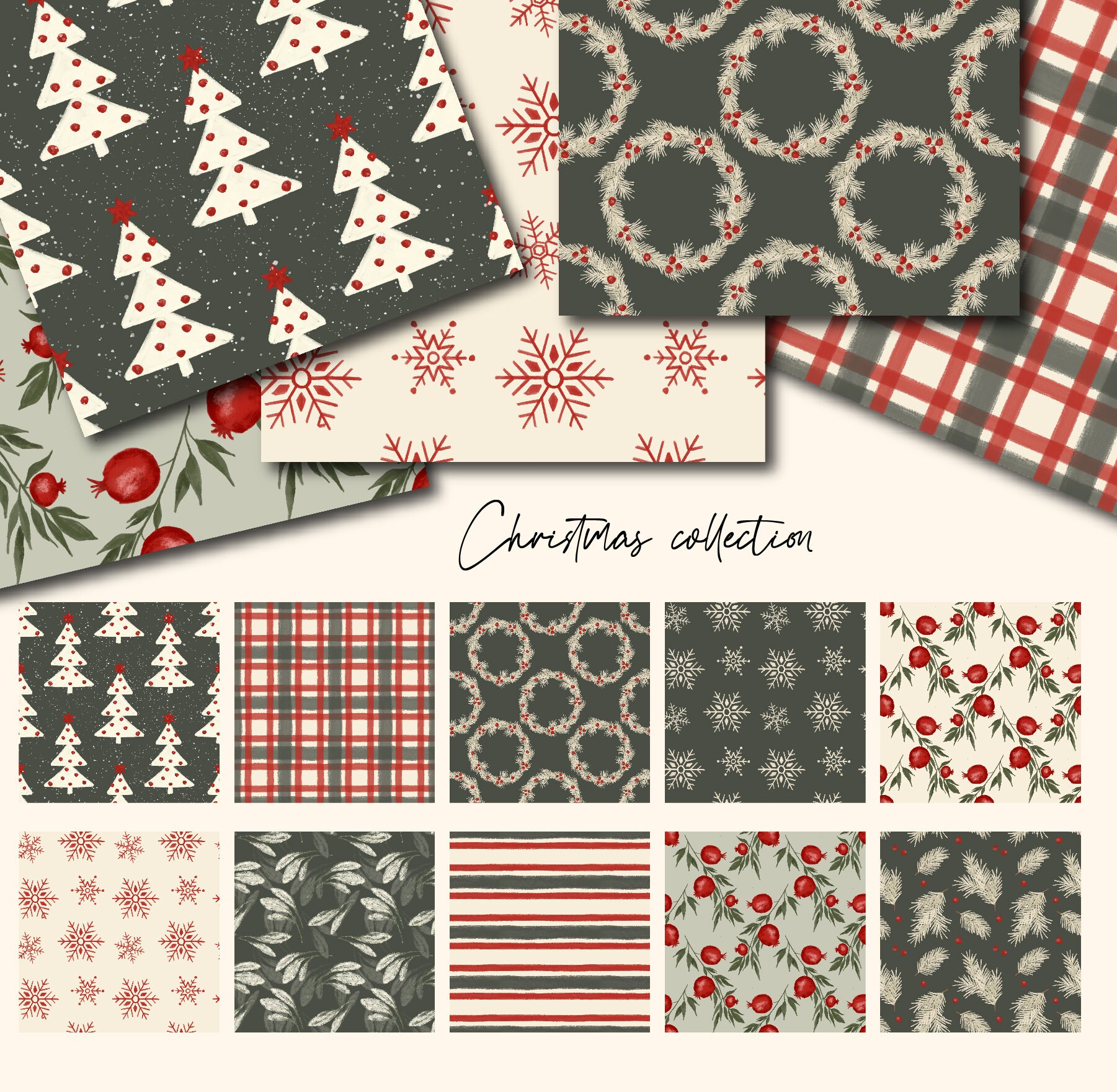 Christmas Digital Paper Set - Christmas Seamless Pattern - Holidays ...