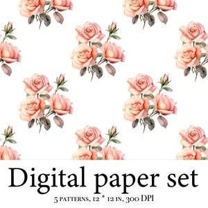 Watercolor Blush Rose Digital Paper Pack, Blush Roses Scrapbook, Roses ...
