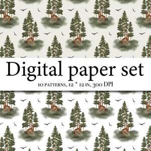 Watercolor Forest Digital Paper Set - Forest Landscape Paper - Seamless ...