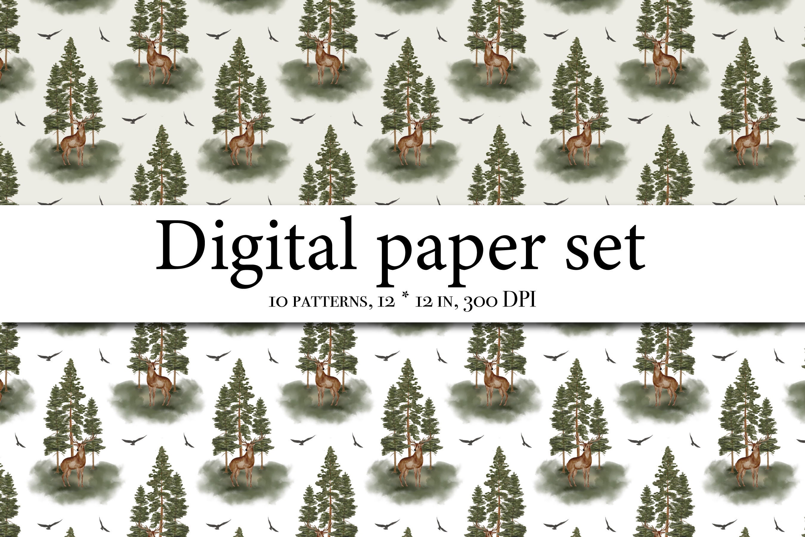 Watercolor Forest Digital Paper Set - Forest Landscape Paper - Seamless ...