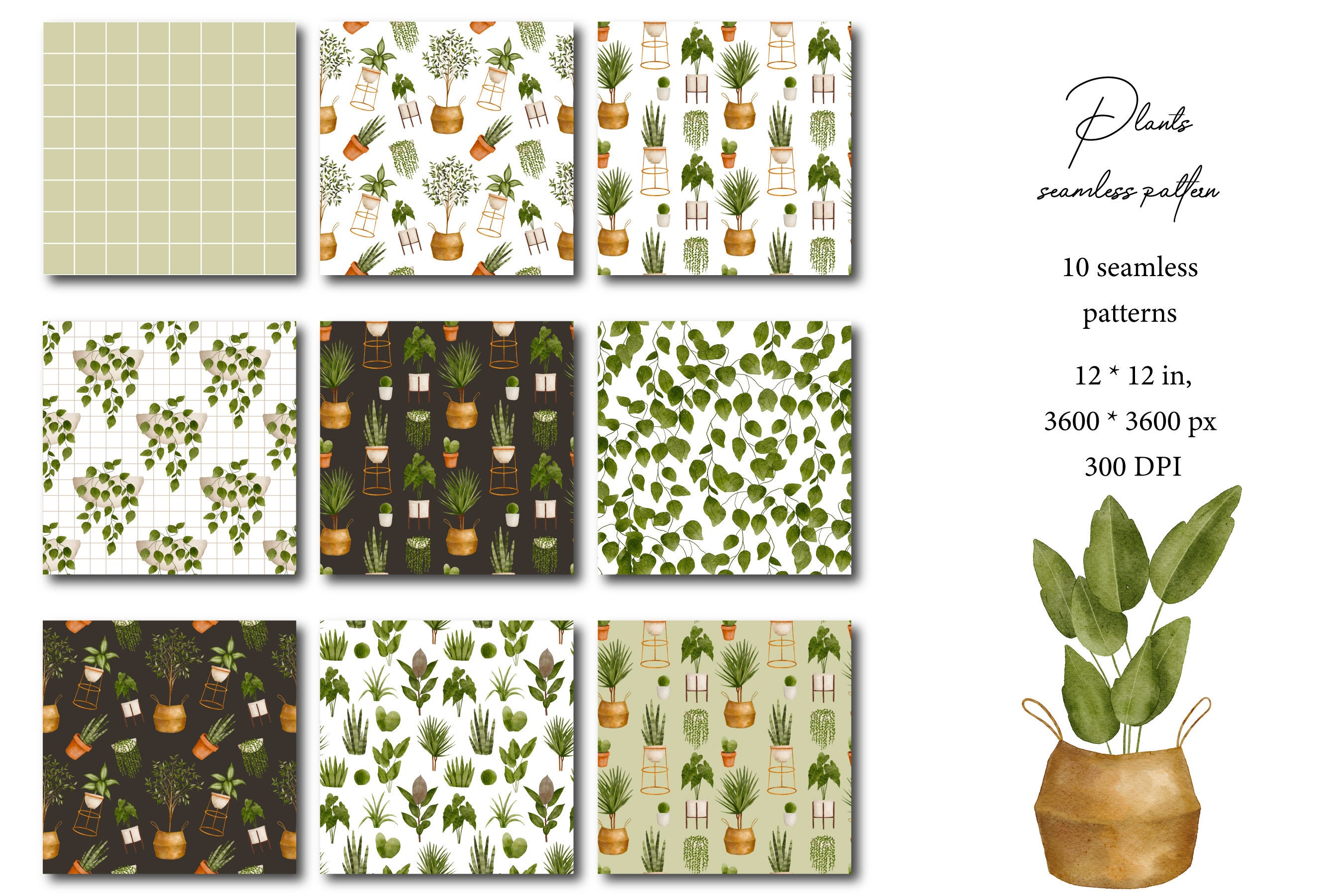Watercolor Indoor Plants Digital Paper - Gardening Pattern - Cactus ...