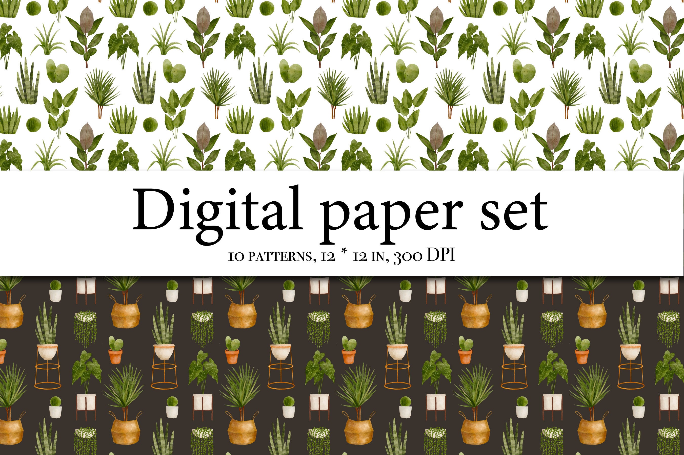 Watercolor Indoor Plants Digital Paper - Gardening Pattern - Cactus ...