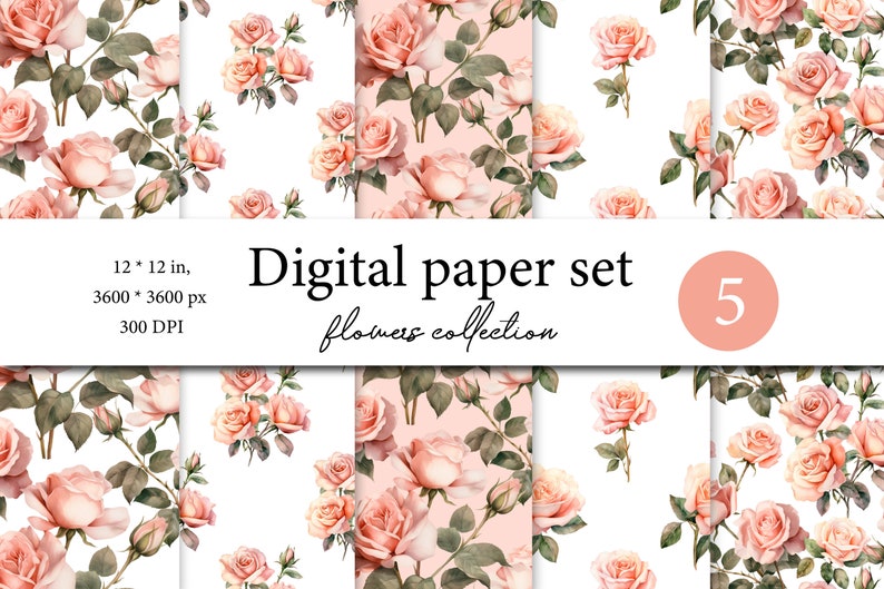Watercolor Blush Rose Digital Paper Pack, Blush Roses Scrapbook, Roses ...