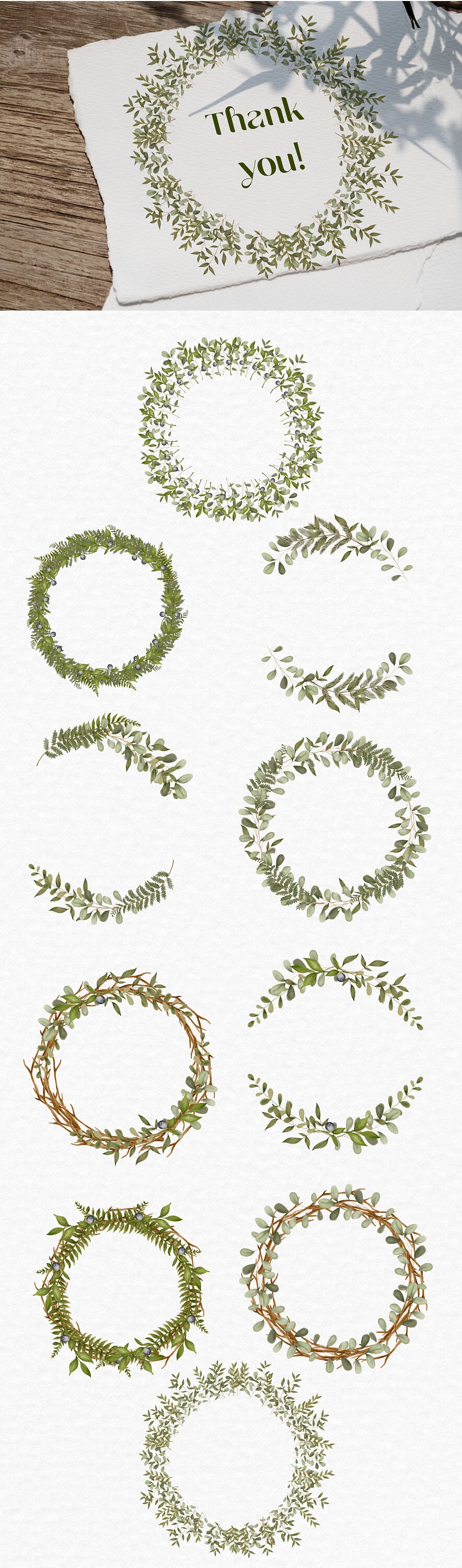 Watercolor Greenery Floral Wreaths Set Digital Clipart Individual PNG ...