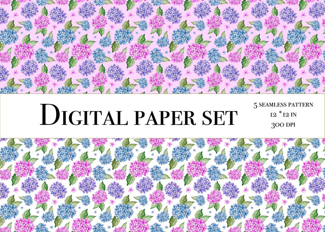 Watercolor Digital Paper Pack, Hydrangea Scrapbook, Hydrangea Seamless ...