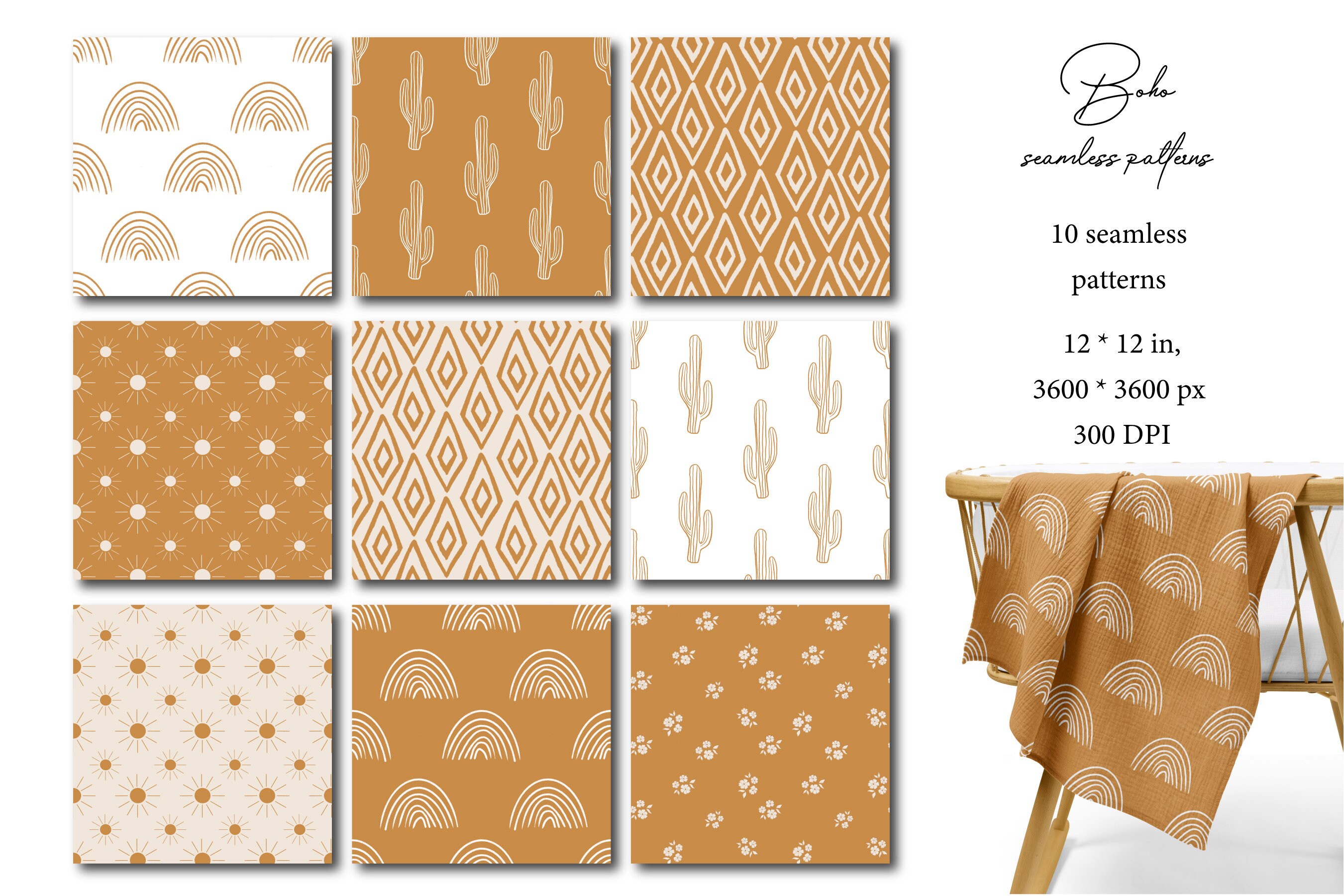 Boho Digital Paper Set Boho Print Pastel Cactus Seamless Pattern ...