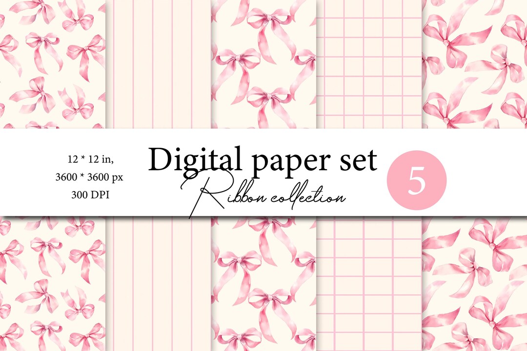 Pink Ribbon Bows Seamless Pattern Set, Watercolor Bow, Gingham ...