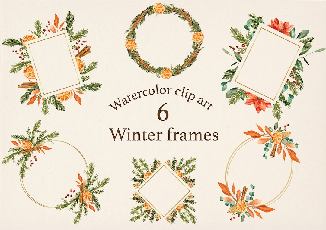 Watercolor Golden Winter Frames Clipart - Watercolor Christmas Frame ...