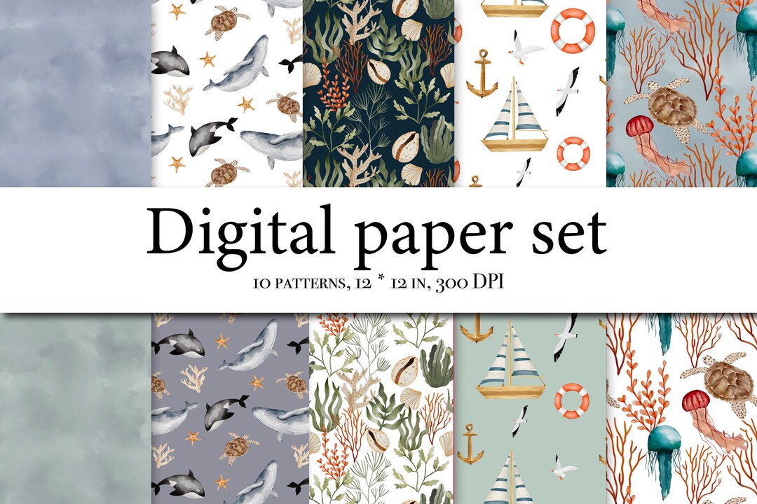 Sea Digital Paper-underwater Ocean Boat Watercolors Lighthouse Seamless ...