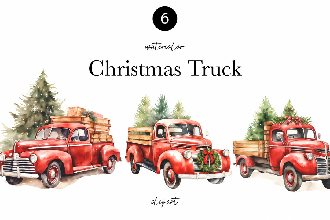Watercolor Christmas Clipart - Watercolor Red Truck With Christmas Tree ...