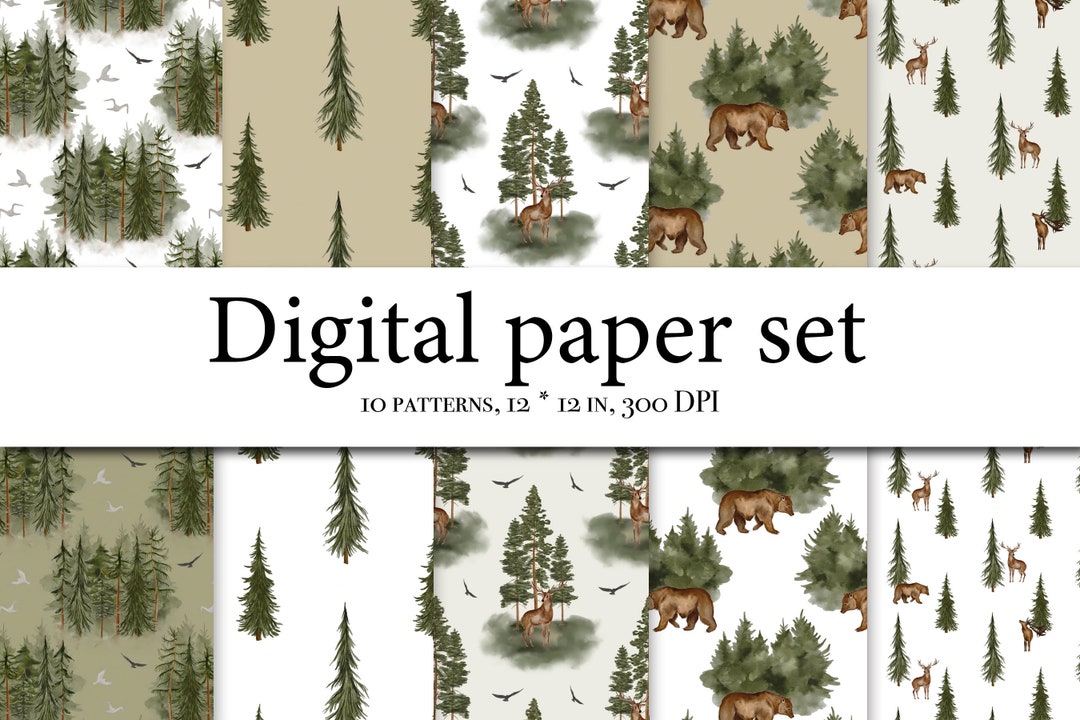 Watercolor Forest Digital Paper Set - Forest Landscape Paper - Seamless ...