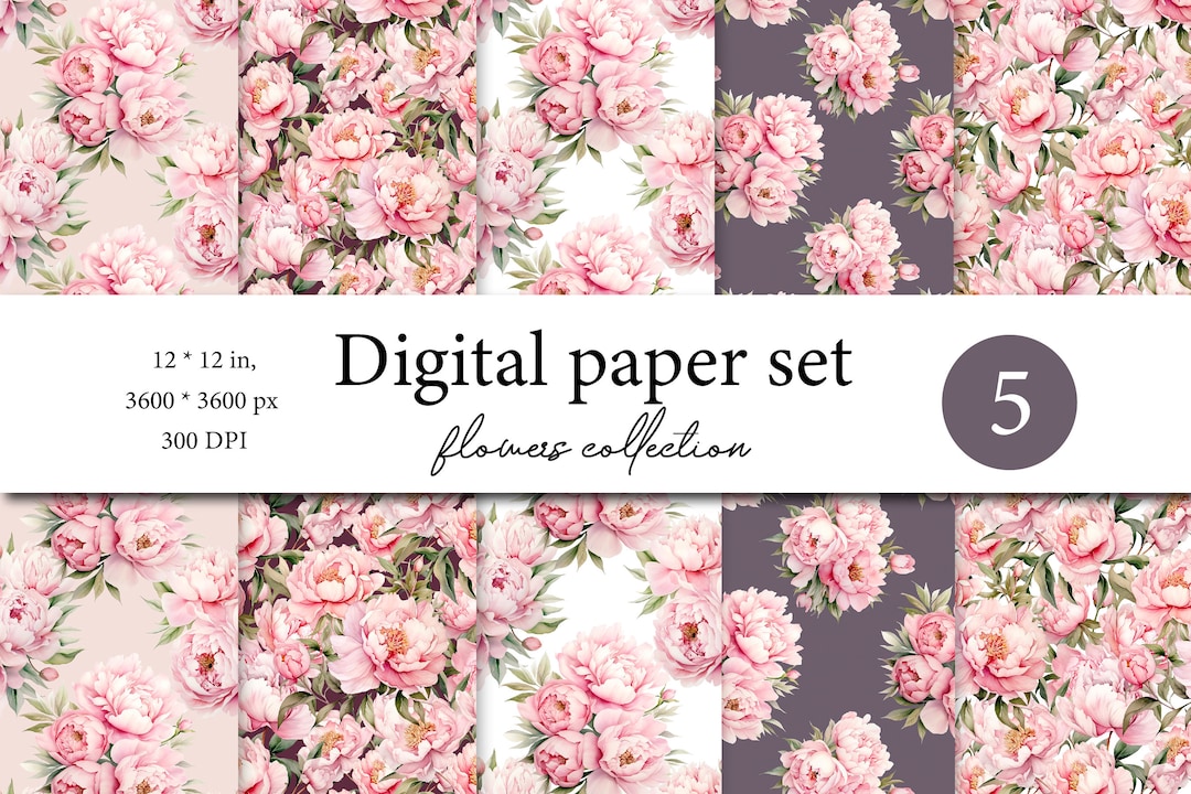 Watercolor Digital Paper Pack, Pink Peonies Scrapbook, Peonies Seamless ...