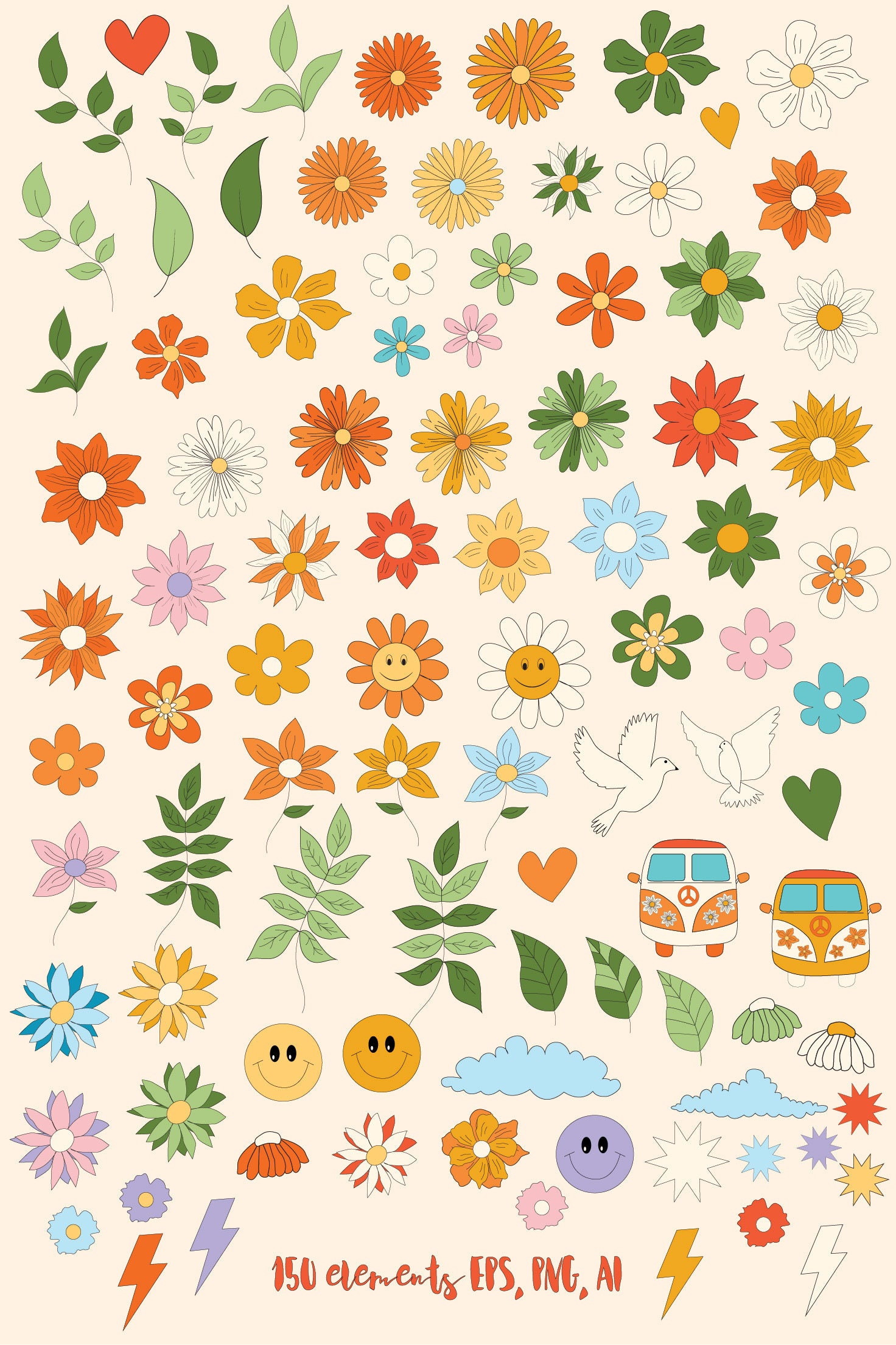 Groovy Boho Digital Clipart Collection - Individual PNG Logo Elements ...