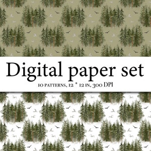 Watercolor Forest Digital Paper Set - Forest Landscape Paper - Seamless ...