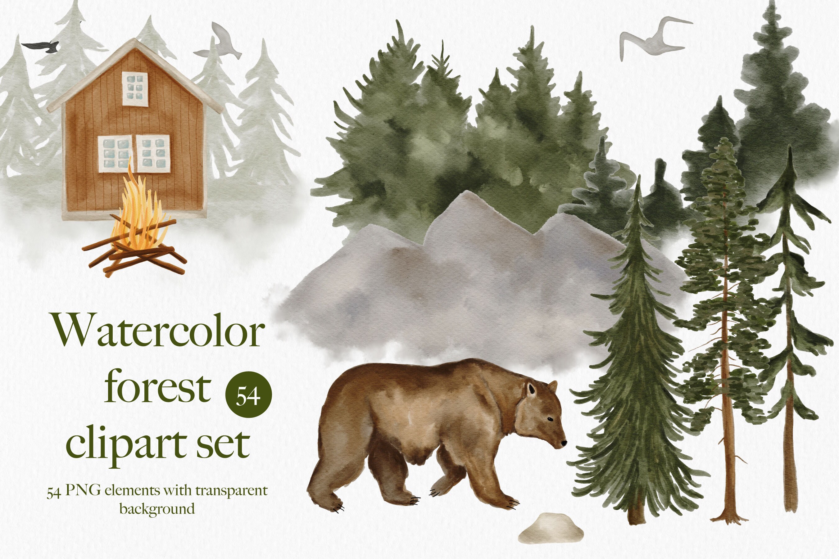Watercolor Forest Digital Clipart Set Forest Landscape - Etsy