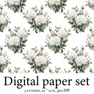 Watercolor Digital Paper Pack, White Roses Scrapbook, Roses Seamless ...