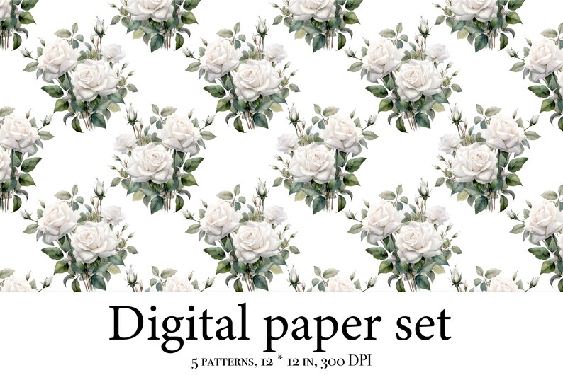 Watercolor Digital Paper Pack, White Roses Scrapbook, Roses Seamless ...