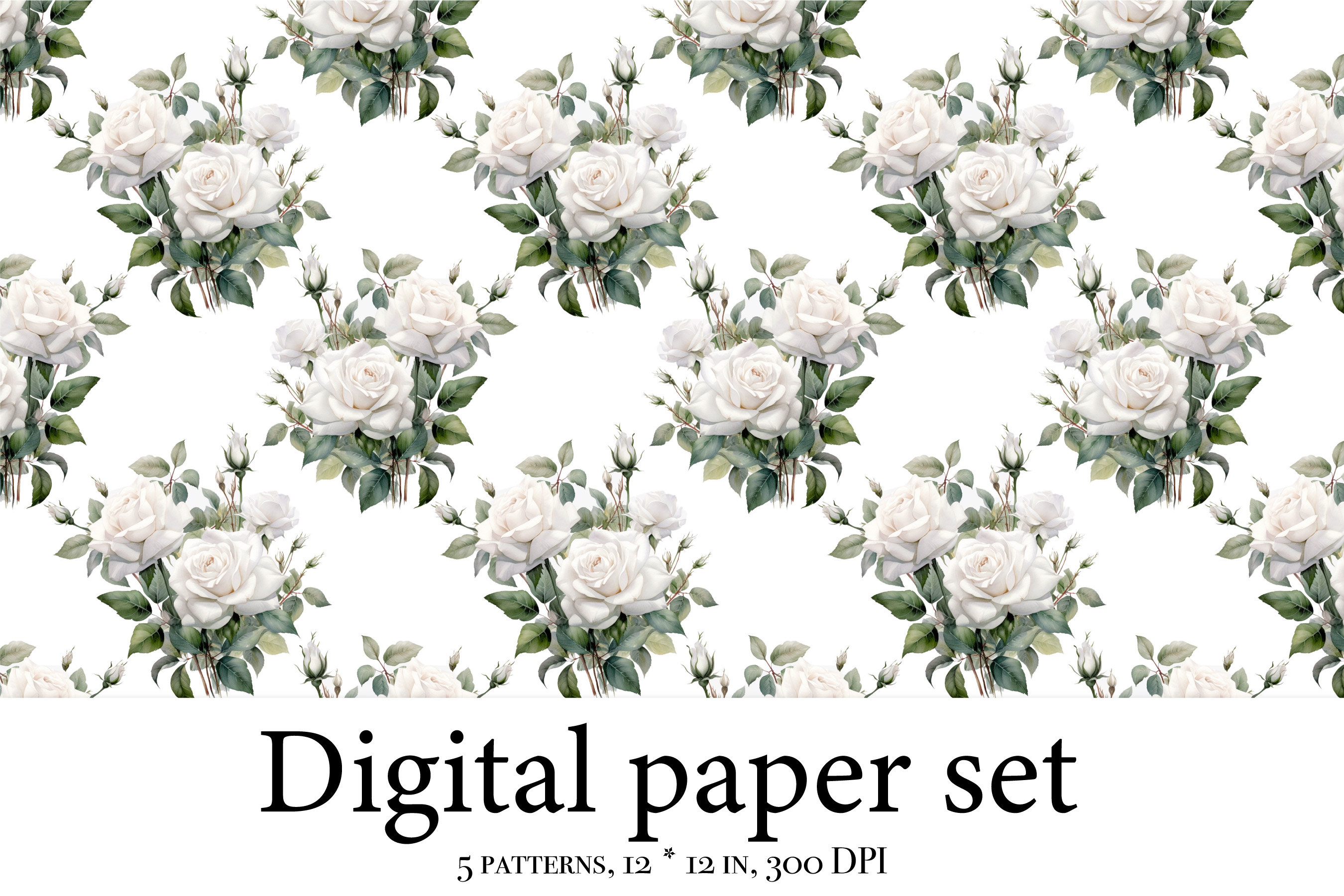 Watercolor Digital Paper Pack, White Roses Scrapbook, Roses Seamless ...