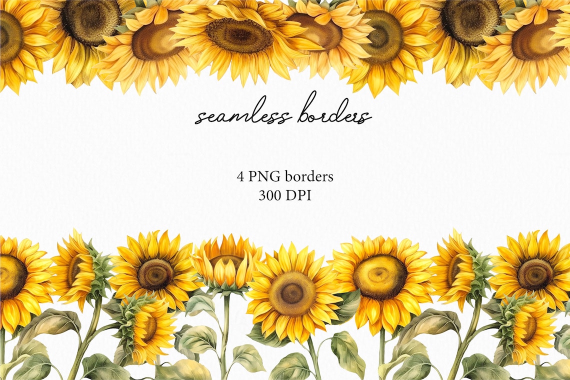 Sunflower Border Clipart. Watercolor Sunflowers Frame PNG. Seamless ...