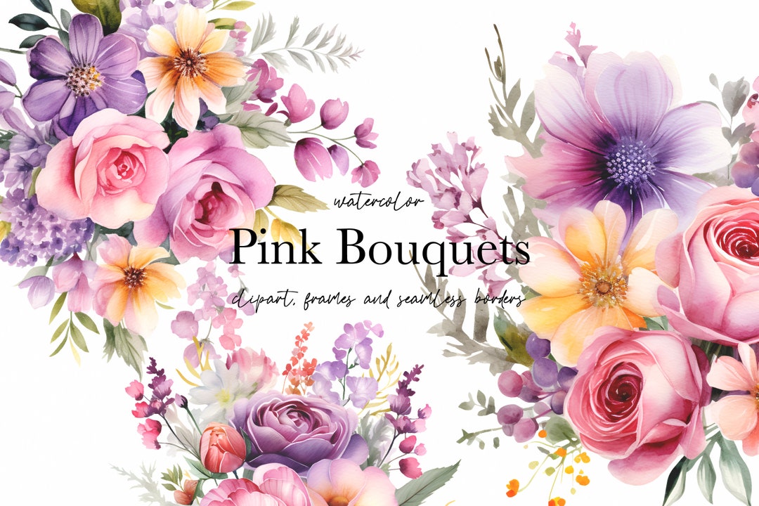 Watercolor Pink Bouquets Clipart: Delicate Floral Elements for Design ...