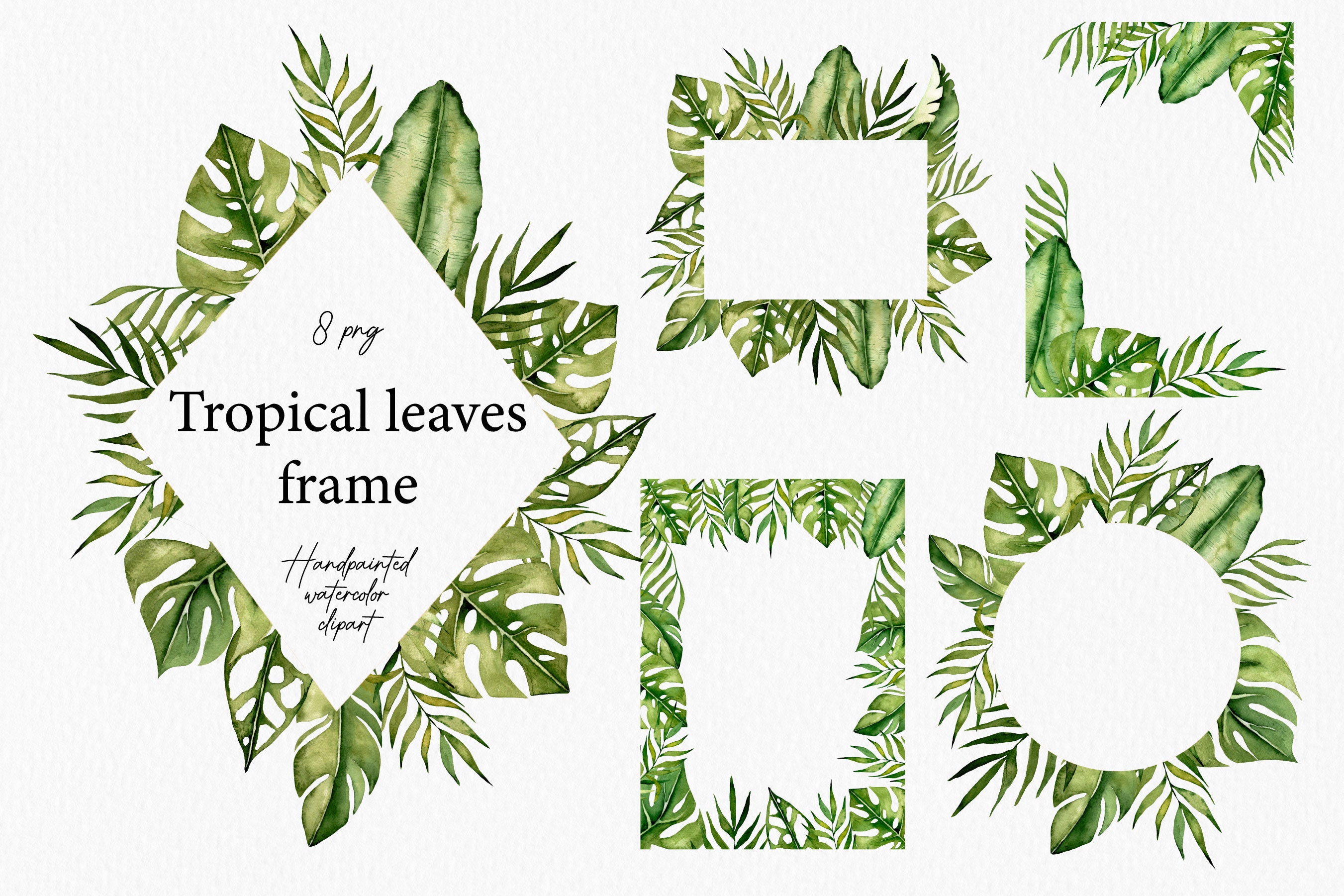 Tropical Leaves Clipart Watercolor Jungle Frames Clip Art - Etsy