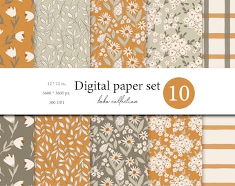 12 Boho Flowers Digital Papers, Seamless Pattens, Boho Scrapbook Paper ...