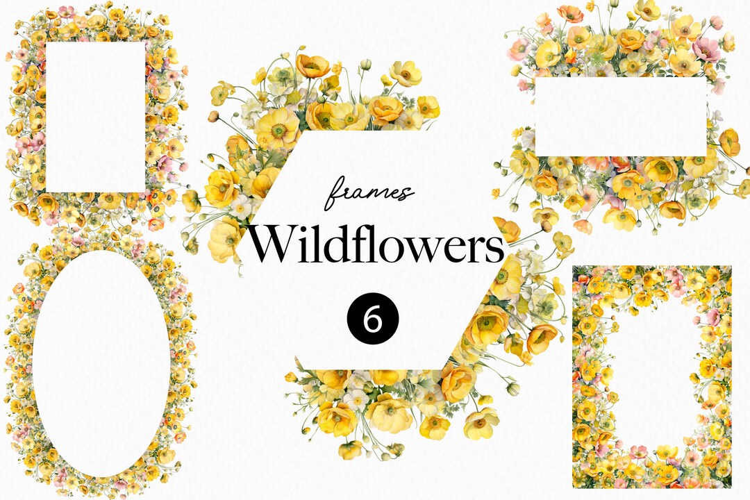 Watercolor Wildflowers Frame, Clipart Spring, Bright Yellow Pink Blue ...