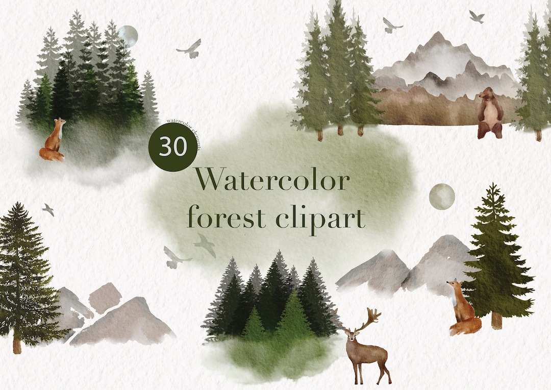 Watercolor Forest Digital Clipart Set - Forest Landscape Clipart ...