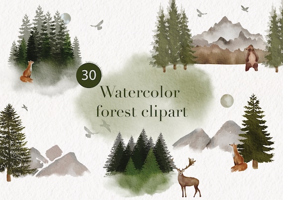 Watercolor Forest Digital Clipart Set Forest Landscape - Etsy