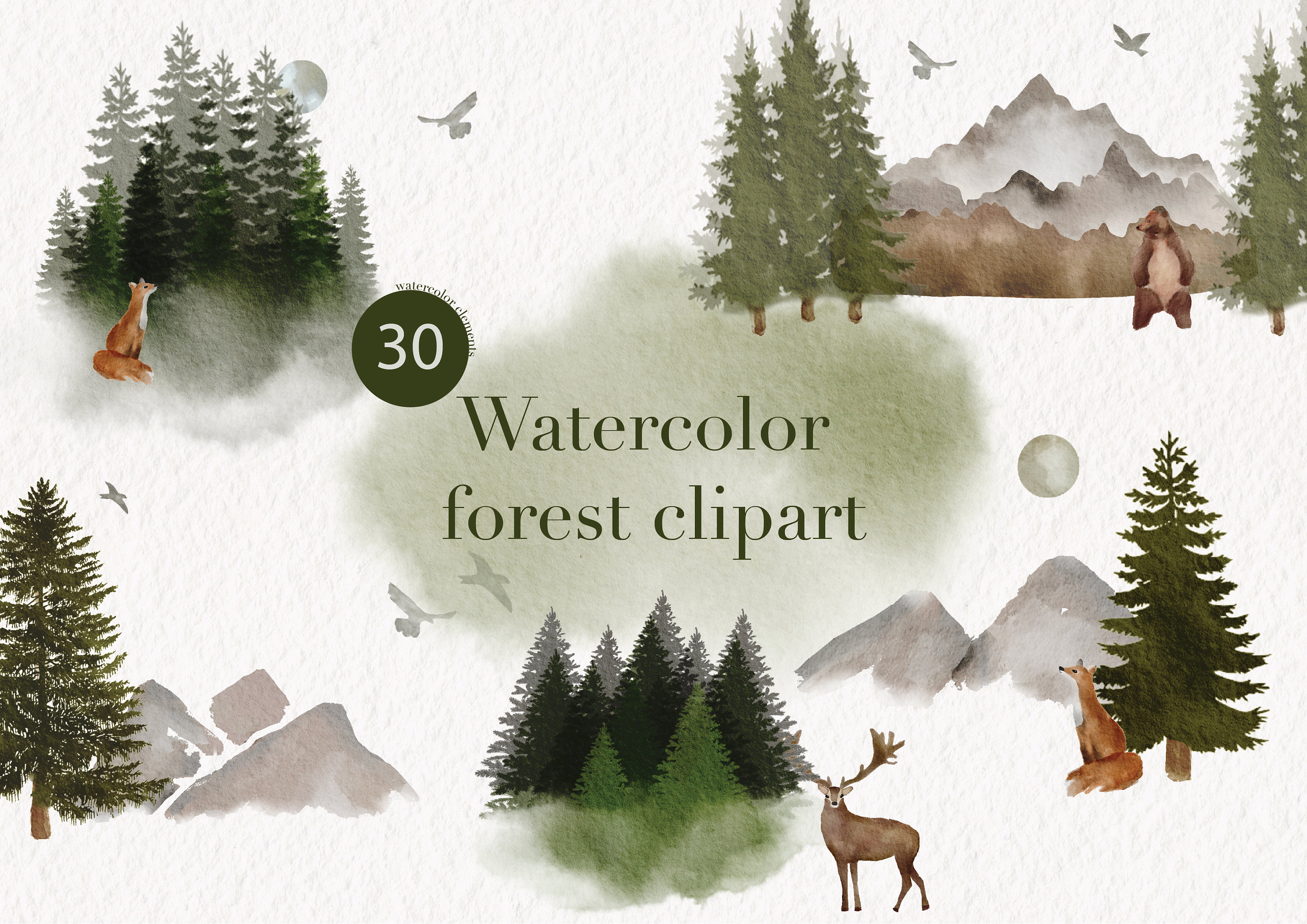 Watercolor Forest Digital Clipart Set Forest Landscape Clipart Floral ...