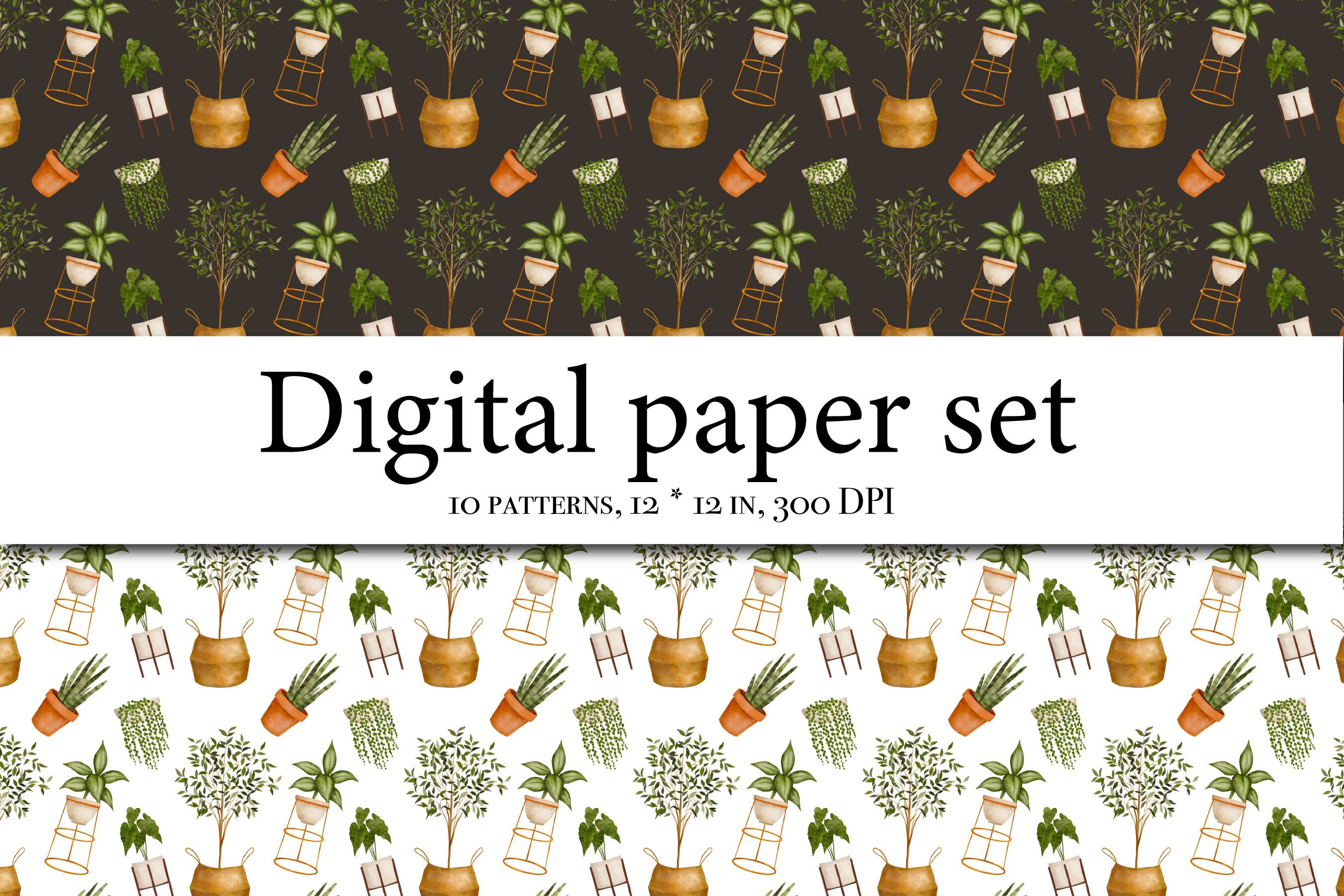 Watercolor Indoor Plants Digital Paper - Gardening Pattern - Cactus ...