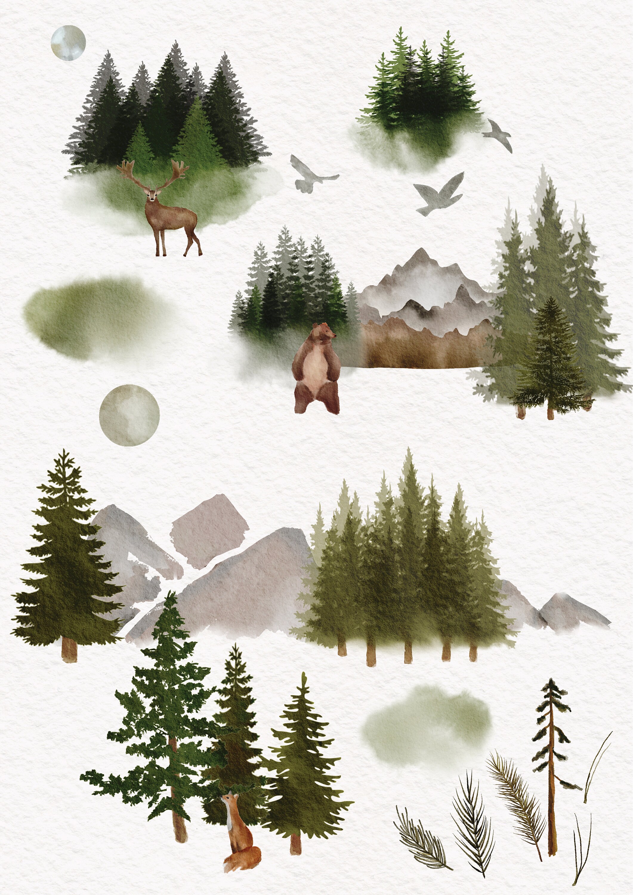 Watercolor Forest Digital Clipart Set - Forest Landscape Clipart ...
