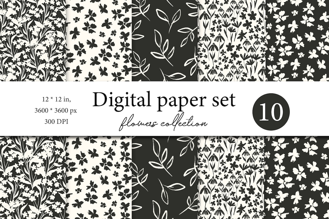 Modern Floral, Abstract Black and White Flower Digital Scrapbook Paper ...