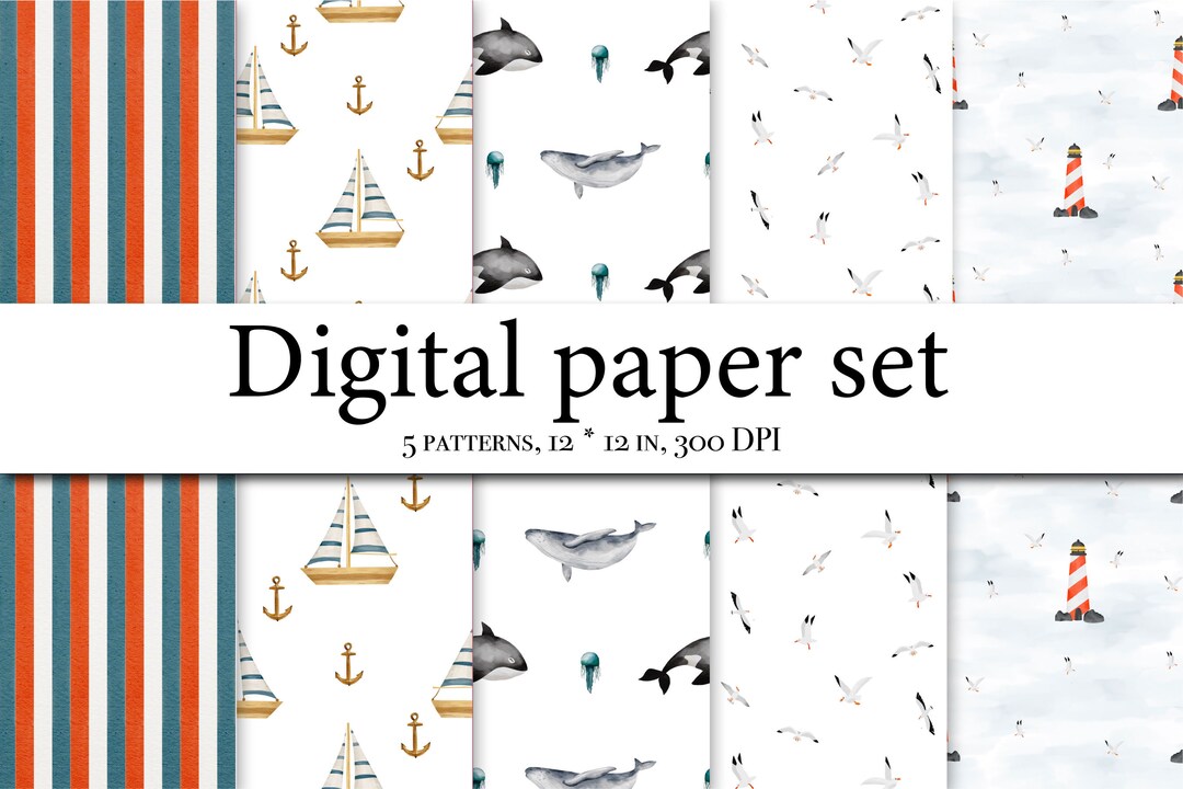 Sea Digital Paper-underwater Ocean - Boat Watercolors - Lighthouse ...