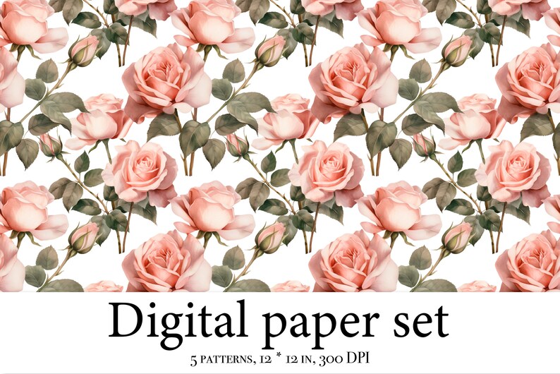 Watercolor Blush Rose Digital Paper Pack, Blush Roses Scrapbook, Roses ...