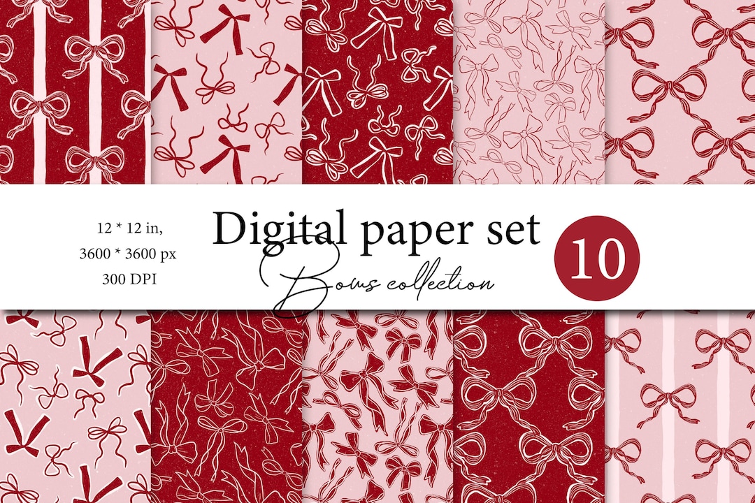 Elegant Red and Pink Bow Digital Paper Set - Holiday Joy Digital Paper ...