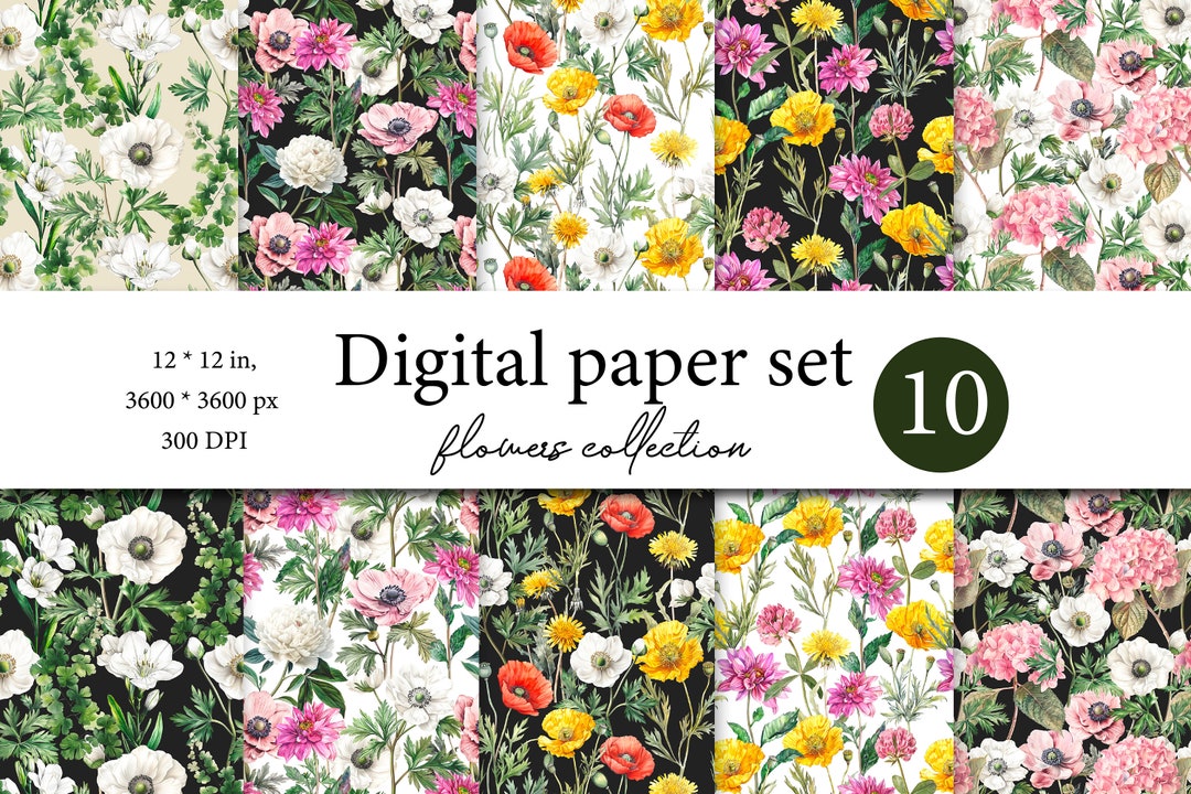 Botanical Seamless Pattern - Flowers Digital Paper - Printable Paper ...
