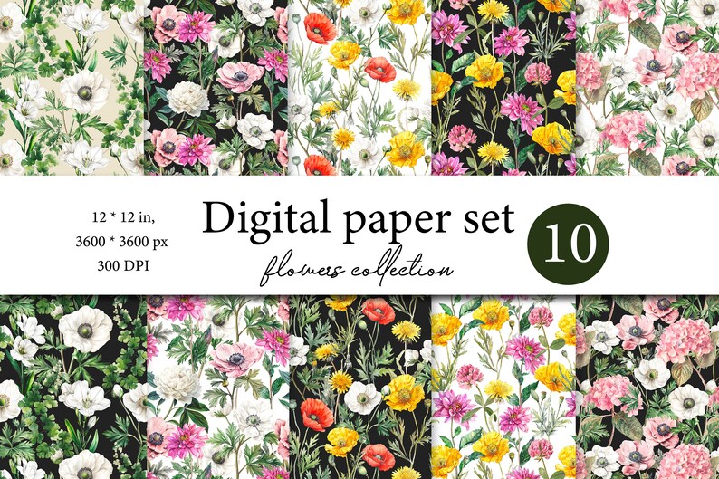 Botanical Seamless Pattern - Flowers Digital Paper - Printable Paper ...