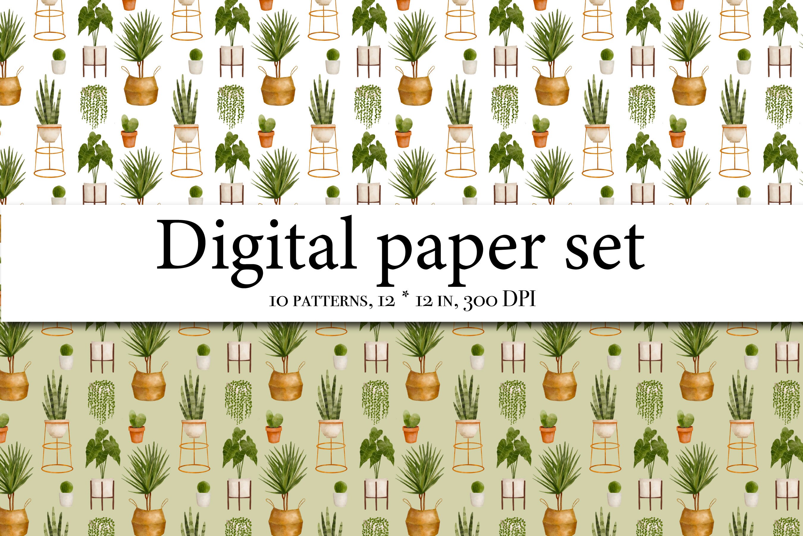 Watercolor Indoor Plants Digital Paper Gardening Pattern Cactus Digital ...