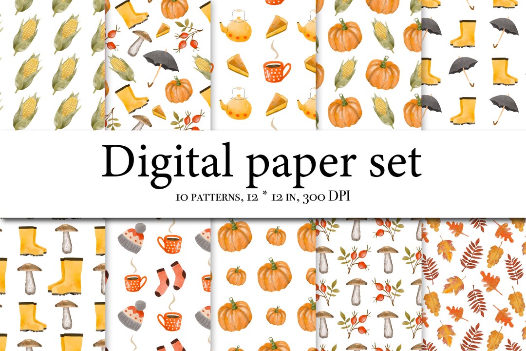 Watercolor Fall Cute Digital Paper - Autumn Pattern - Pumpkin - Corn ...