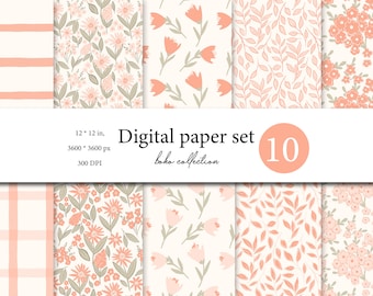 12 Boho Flowers Digital Papers, Seamless Pattens, Boho Scrapbook Paper ...