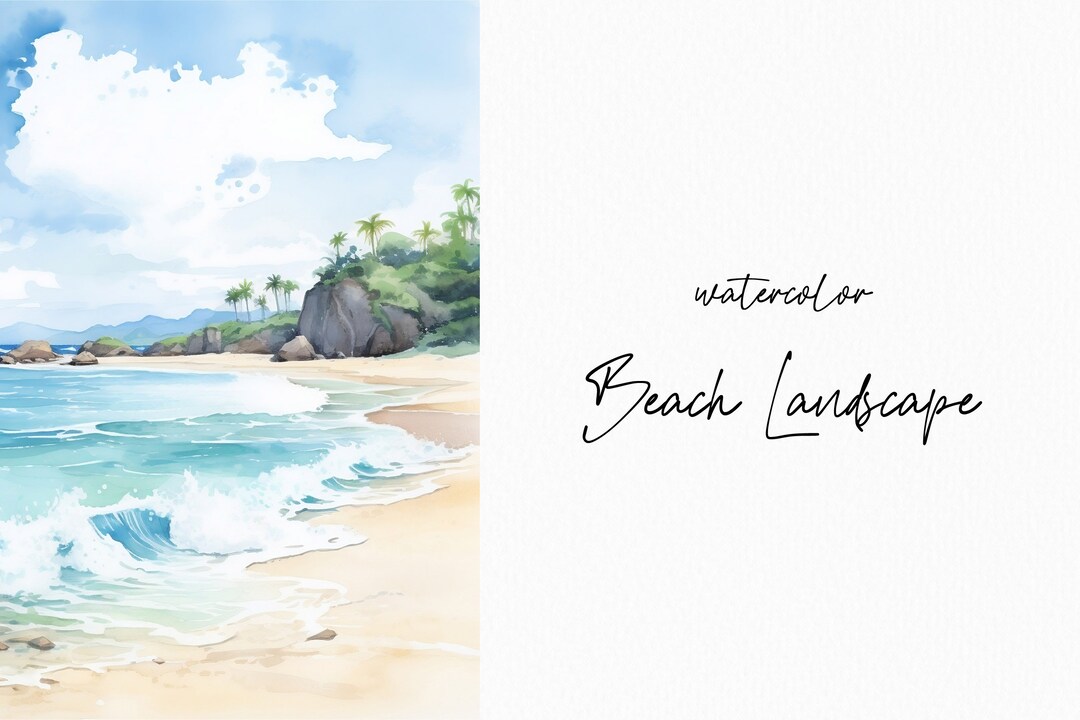Watercolor Beach Clipart - Watercolor Nature Scenery Background - Beach ...