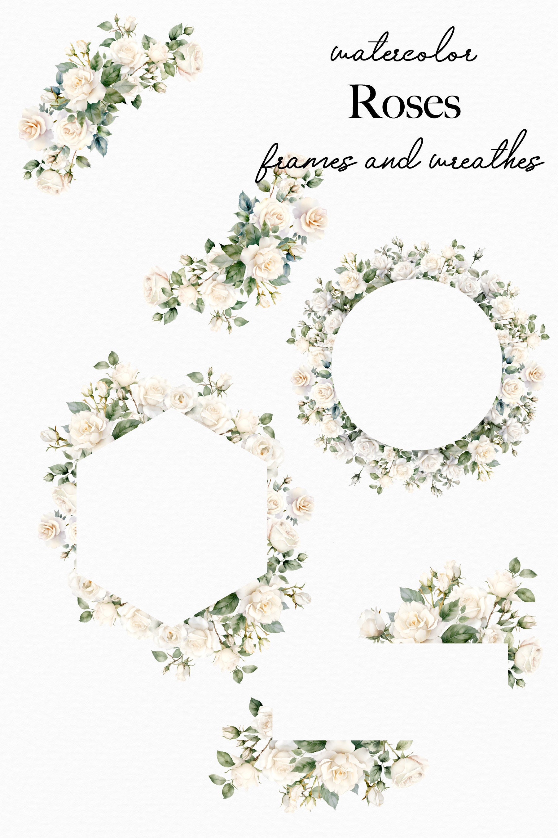 Boho White Roses Frame Clipart, Watercolor Floral Borders Png, Wedding ...