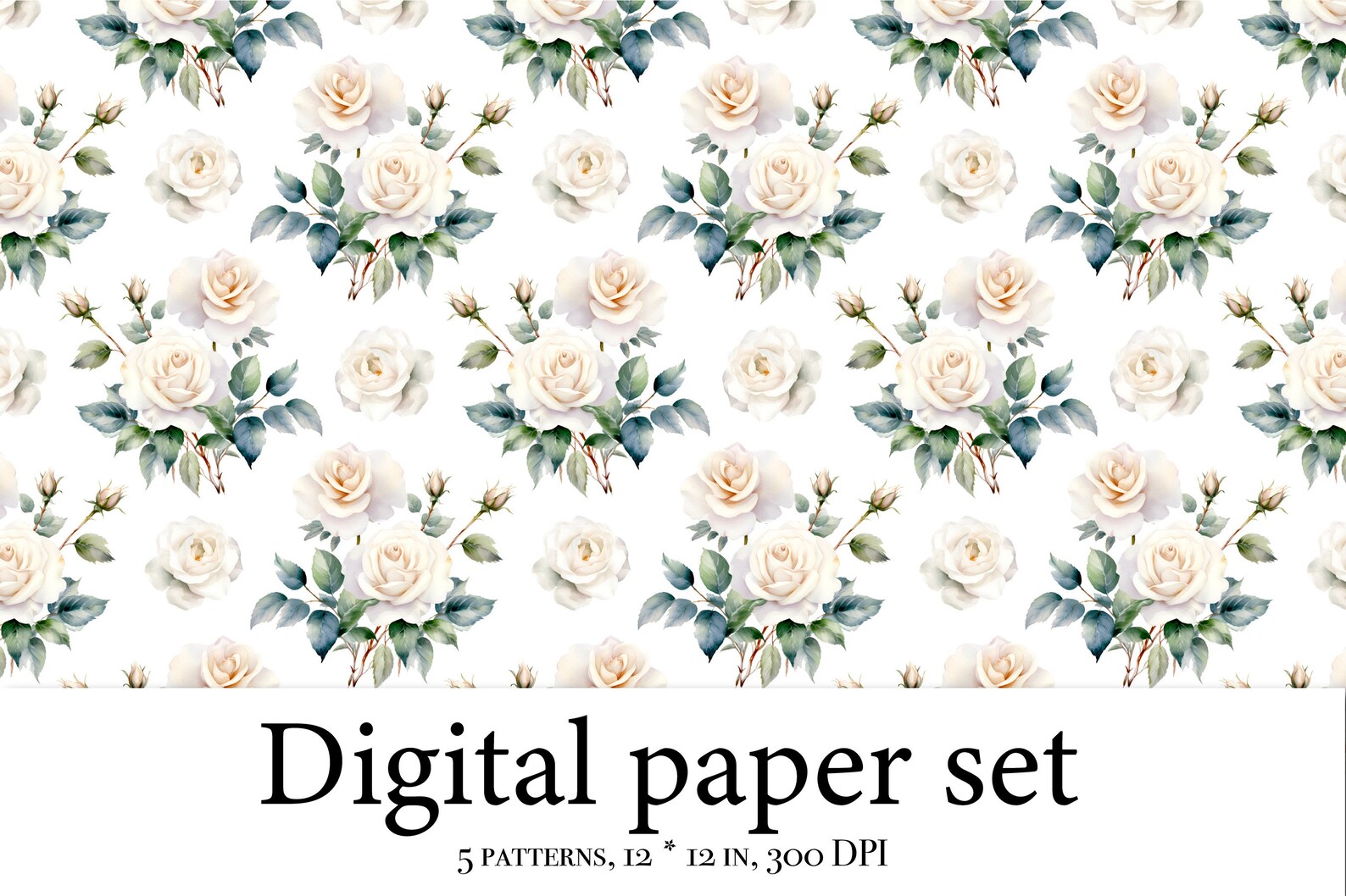 Watercolor Digital Paper Pack, White Roses Scrapbook, Roses Seamless ...